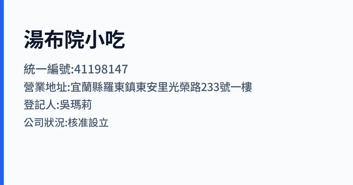湯布院小吃 - 統編 41198147(宜蘭縣) 公司登記資料與營業項目詳細圖表