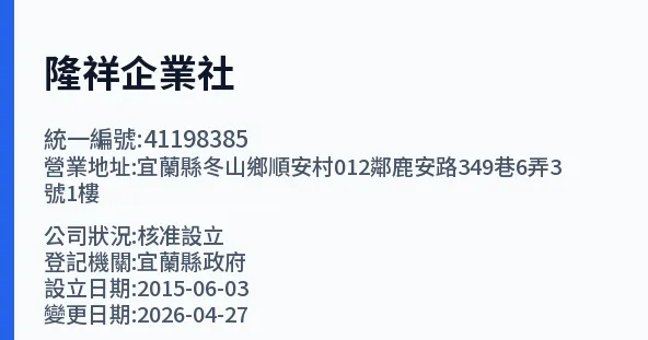 隆祥企業社的照片-統編 41198385(宜蘭縣) 公司登記資料與營業項目詳細圖表