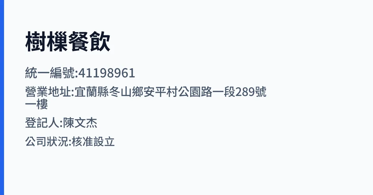 樹樔餐飲 - 統編 41198961(宜蘭縣) 公司登記資料與營業項目詳細圖表