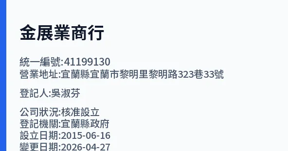 金展業商行的照片-統編 41199130(宜蘭縣) 公司登記資料與營業項目詳細圖表