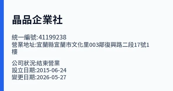 晶品企業社的照片-統編 41199238(宜蘭縣) 公司登記資料與營業項目詳細圖表