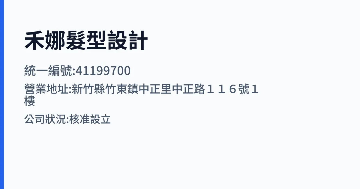 禾娜髮型設計 - 統編 41199700(新竹縣) 公司登記資料與營業項目詳細圖表