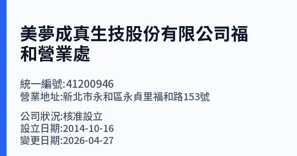 美夢成真生技股份有限公司福和營業處的照片-統編 41200946(新北市) 公司登記資料與營業項目詳細圖表