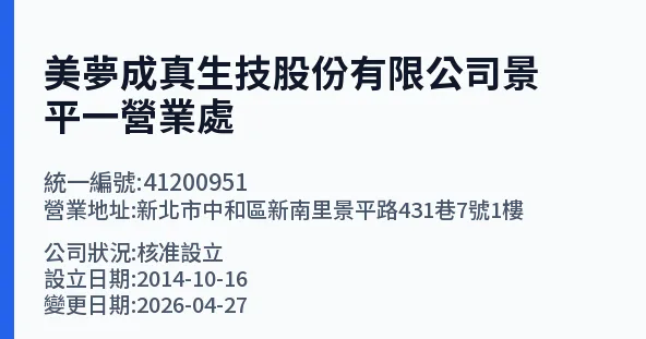 美夢成真生技股份有限公司景平一營業處的照片-統編 41200951(新北市) 公司登記資料與營業項目詳細圖表
