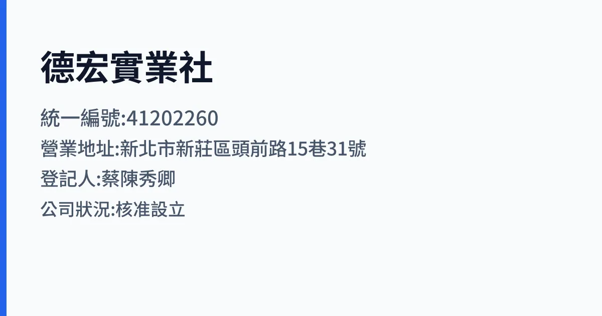 德宏實業社 - 統編 41202260(新北市) 公司登記資料與營業項目詳細圖表