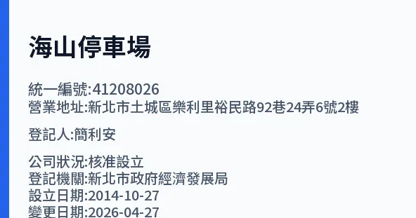 海山停車場的照片-統編 41208026(新北市) 公司登記資料與營業項目詳細圖表