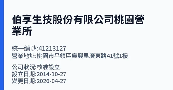 伯享生技股份有限公司桃園營業所的照片-統編 41213127(桃園市) 公司登記資料與營業項目詳細圖表