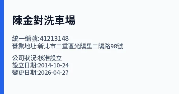 陳金對洗車場的照片-統編 41213148(新北市) 公司登記資料與營業項目詳細圖表
