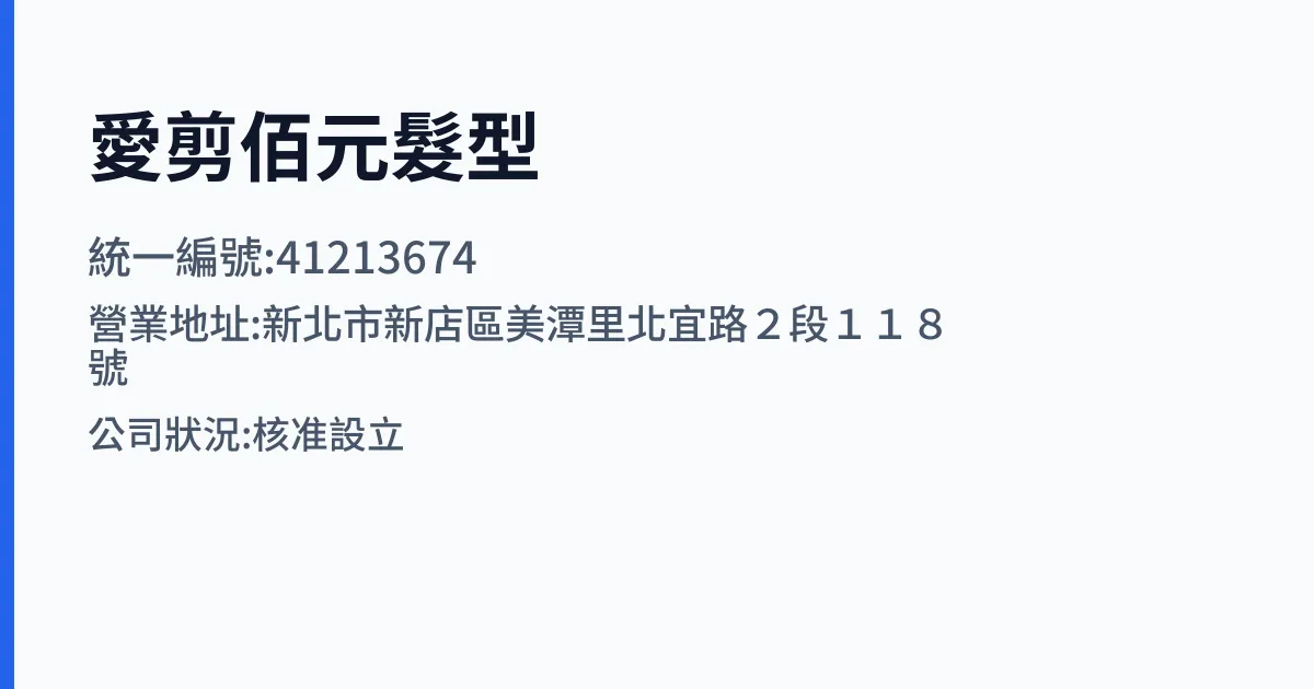 愛剪佰元髮型 - 統編 41213674(新北市) 公司登記資料與營業項目詳細圖表