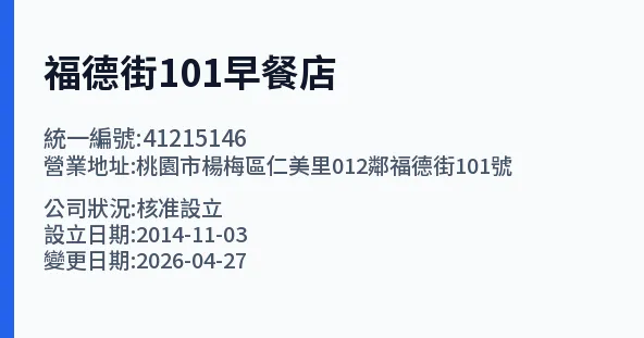 福德街101早餐店的照片-統編 41215146(桃園市) 公司登記資料與營業項目詳細圖表