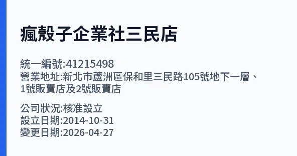 瘋殼子企業社三民店的照片-統編 41215498(新北市) 公司登記資料與營業項目詳細圖表