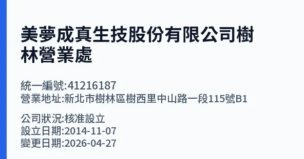 美夢成真生技股份有限公司樹林營業處的照片-統編 41216187(新北市) 公司登記資料與營業項目詳細圖表