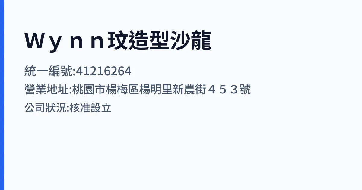 Ｗｙｎｎ玟造型沙龍 - 統編 41216264(桃園市) 公司登記資料與營業項目詳細圖表