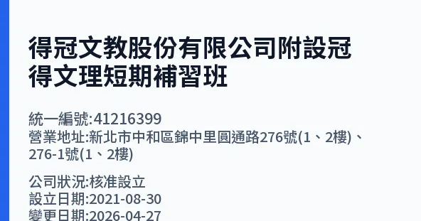 得冠文教股份有限公司附設冠得文理短期補習班的照片-統編 41216399(新北市) 公司登記資料與營業項目詳細圖表