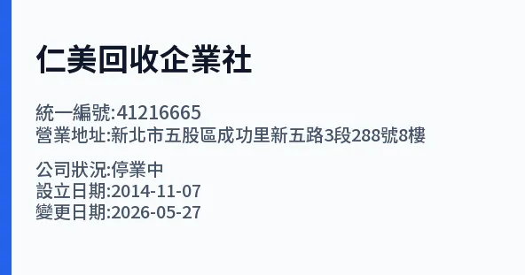 仁美回收企業社的照片-統編 41216665(新北市) 公司登記資料與營業項目詳細圖表