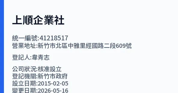 上順企業社的照片-統編 41218517(新竹市) 公司登記資料與營業項目詳細圖表