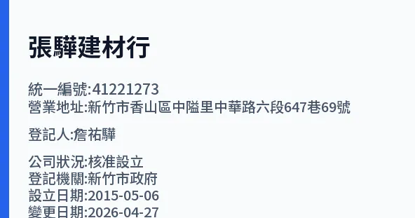 張驊建材行的照片-統編 41221273(新竹市) 公司登記資料與營業項目詳細圖表