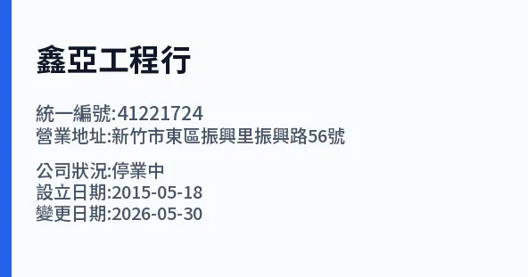 鑫亞工程行的照片-統編 41221724(新竹市) 公司登記資料與營業項目詳細圖表