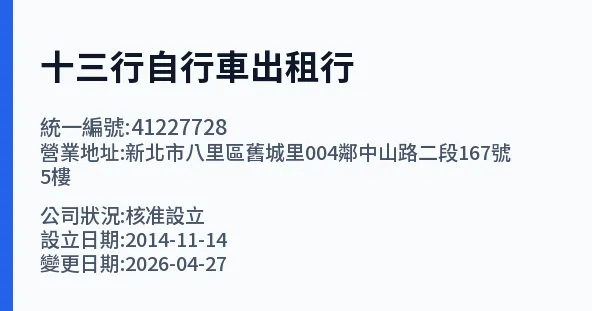 十三行自行車出租行的照片-統編 41227728(新北市) 公司登記資料與營業項目詳細圖表