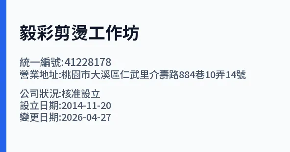 毅彩剪燙工作坊的照片-統編 41228178(桃園市) 公司登記資料與營業項目詳細圖表
