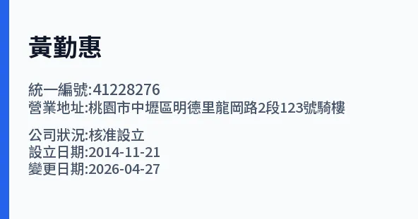 黃勤惠的照片-統編 41228276(桃園市) 公司登記資料與營業項目詳細圖表