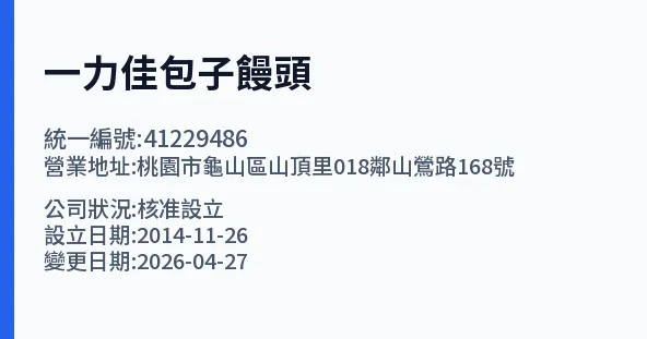 一力佳包子饅頭的照片-統編 41229486(桃園市) 公司登記資料與營業項目詳細圖表