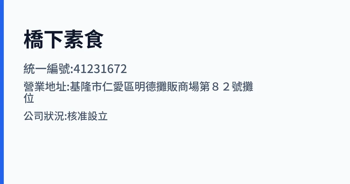 橋下素食 - 統編 41231672(基隆市) 公司登記資料與營業項目詳細圖表
