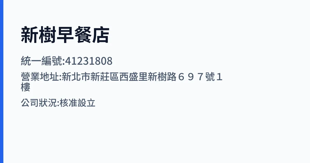 新樹早餐店 - 統編 41231808(新北市) 公司登記資料與營業項目詳細圖表