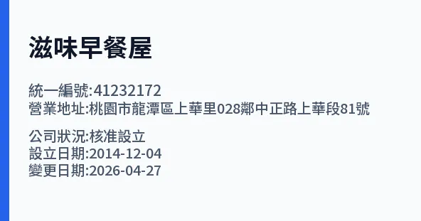 滋味早餐屋的照片-統編 41232172(桃園市) 公司登記資料與營業項目詳細圖表