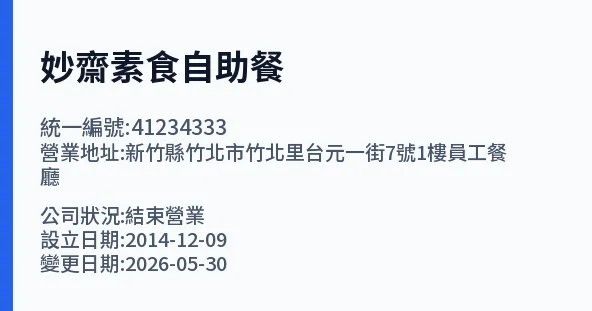 妙齋素食自助餐的照片-統編 41234333(新竹縣) 公司登記資料與營業項目詳細圖表
