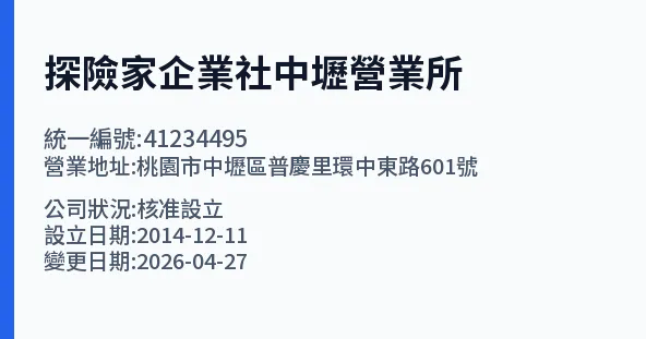 探險家企業社中壢營業所的照片-統編 41234495(桃園市) 公司登記資料與營業項目詳細圖表