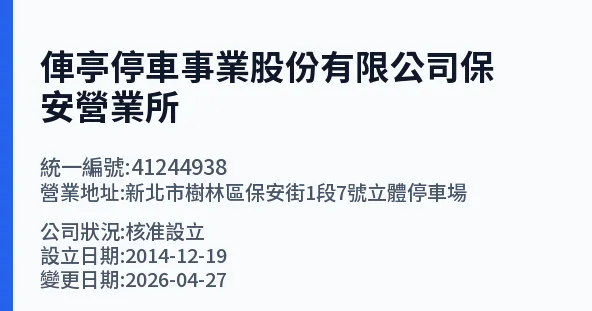 俥亭停車事業股份有限公司保安營業所的照片-統編 41244938(新北市) 公司登記資料與營業項目詳細圖表