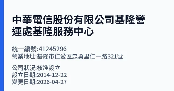中華電信股份有限公司基隆營運處基隆服務中心的照片-統編 41245296(基隆市) 公司登記資料與營業項目詳細圖表