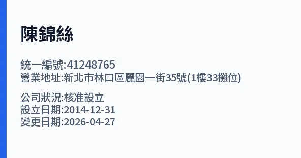 陳錦絲的照片-統編 41248765(新北市) 公司登記資料與營業項目詳細圖表