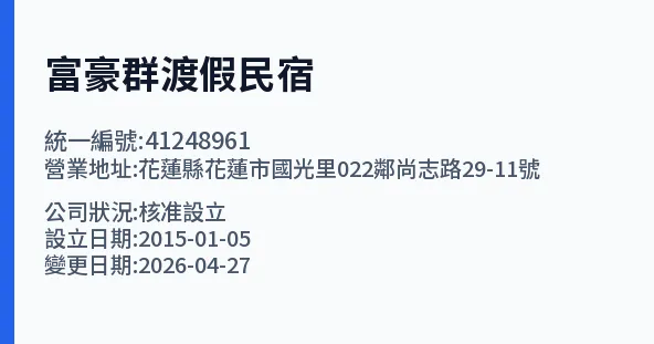 富豪群渡假民宿的照片-統編 41248961(花蓮縣) 公司登記資料與營業項目詳細圖表