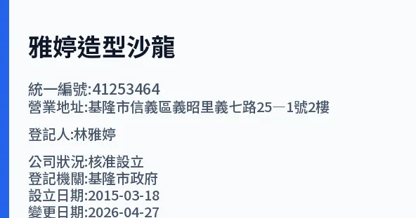 雅婷造型沙龍的照片-統編 41253464(基隆市) 公司登記資料與營業項目詳細圖表