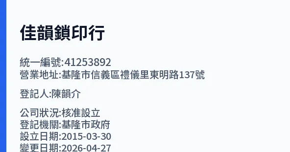 佳韻鎖印行的照片-統編 41253892(基隆市) 公司登記資料與營業項目詳細圖表