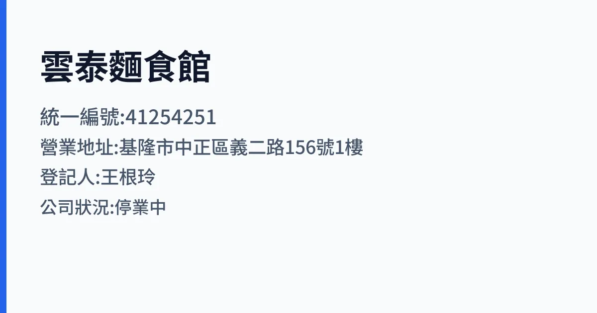 雲泰麵食館 - 統編 41254251(基隆市) 公司登記資料與營業項目詳細圖表