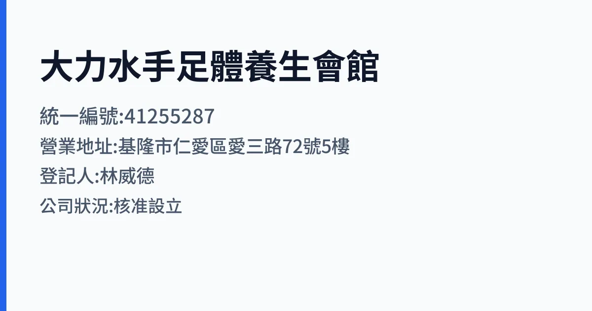 大力水手足體養生會館 - 統編 41255287(基隆市) 公司登記資料與營業項目詳細圖表