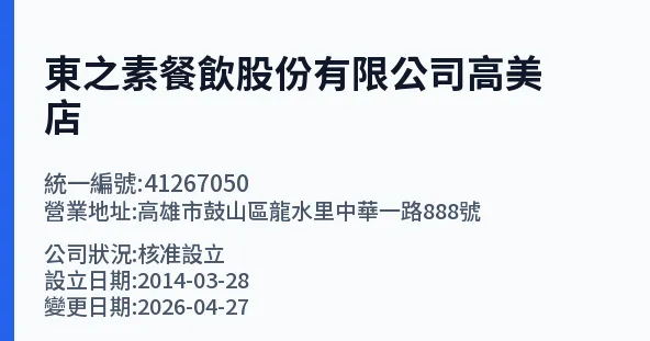 東之素餐飲股份有限公司高美店的照片-統編 41267050(高雄市) 公司登記資料與營業項目詳細圖表