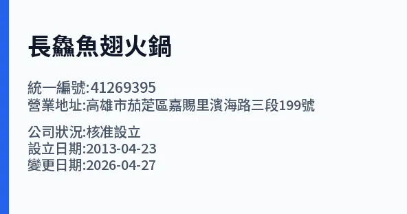 長鱻魚翅火鍋的照片-統編 41269395(高雄市) 公司登記資料與營業項目詳細圖表