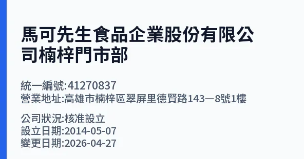 馬可先生食品企業股份有限公司楠梓門市部的照片-統編 41270837(高雄市) 公司登記資料與營業項目詳細圖表
