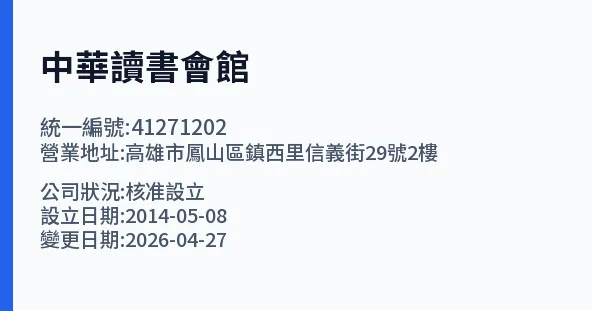 中華讀書會館的照片-統編 41271202(高雄市) 公司登記資料與營業項目詳細圖表