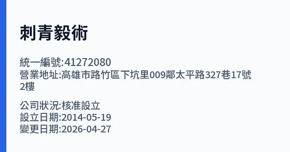 刺青毅術的照片-統編 41272080(高雄市) 公司登記資料與營業項目詳細圖表