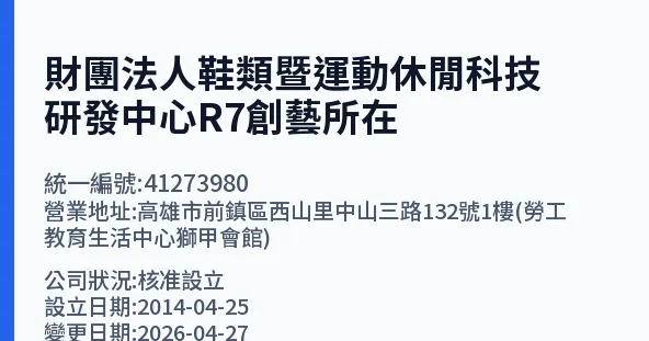 財團法人鞋類暨運動休閒科技研發中心R7創藝所在的照片-統編 41273980(高雄市) 公司登記資料與營業項目詳細圖表