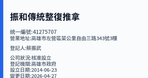 振和傳統整復推拿的照片-統編 41275707(高雄市) 公司登記資料與營業項目詳細圖表