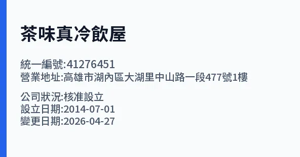 茶味真冷飲屋的照片-統編 41276451(高雄市) 公司登記資料與營業項目詳細圖表