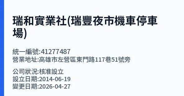 瑞和實業社(瑞豐夜市機車停車場)的照片-統編 41277487(高雄市) 公司登記資料與營業項目詳細圖表