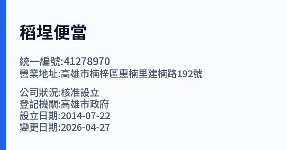 稻埕便當的照片-統編 41278970(高雄市) 公司登記資料與營業項目詳細圖表