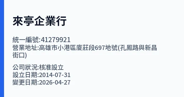 來亭企業行的照片-統編 41279921(高雄市) 公司登記資料與營業項目詳細圖表